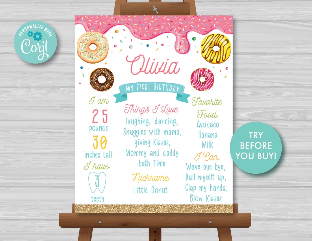 Editable Donut Milestone Birthday Poster Doughnut 1st Birthday Board ...