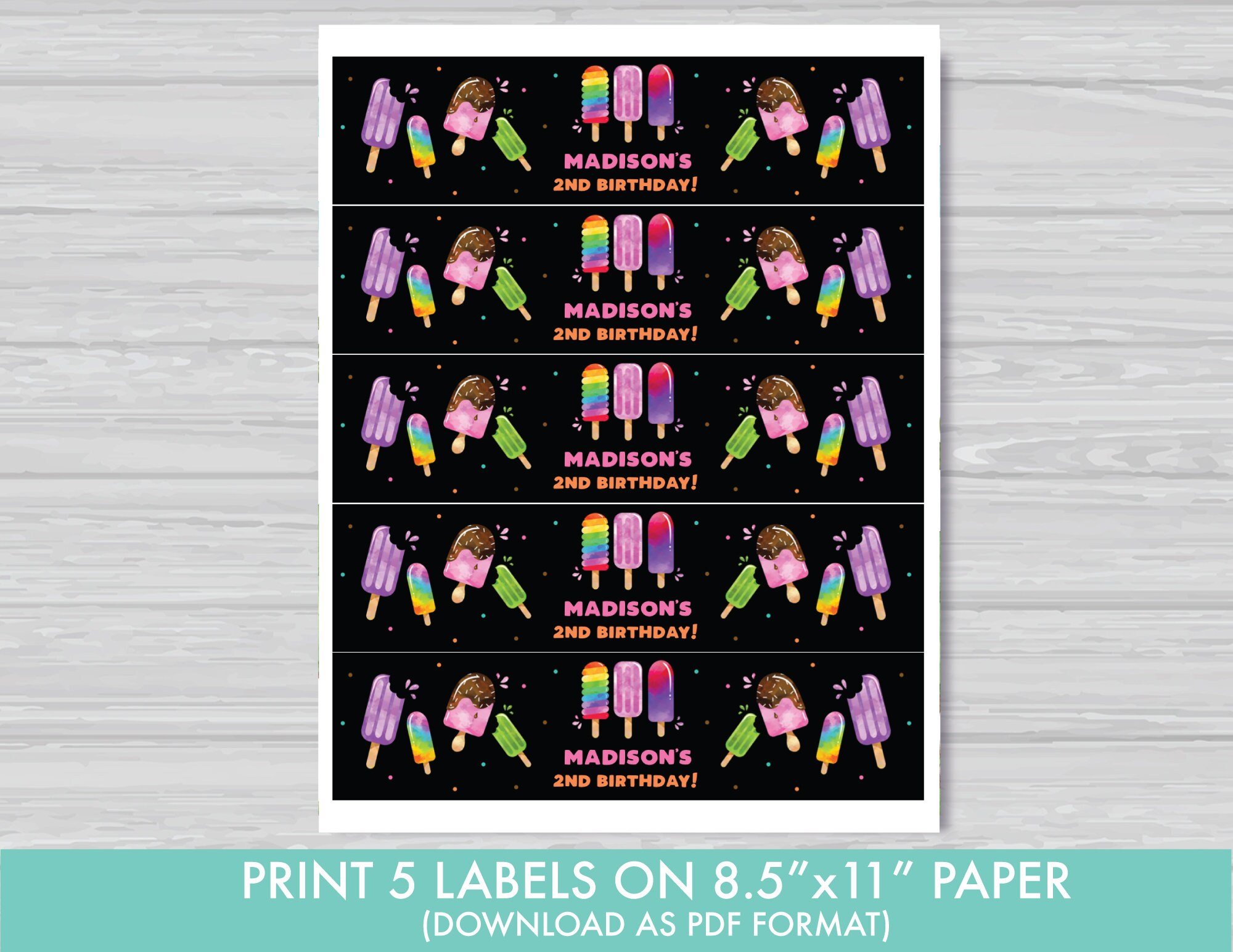 EDITABLE Popsicle Water Bottle Label Printable Girl's | Etsy