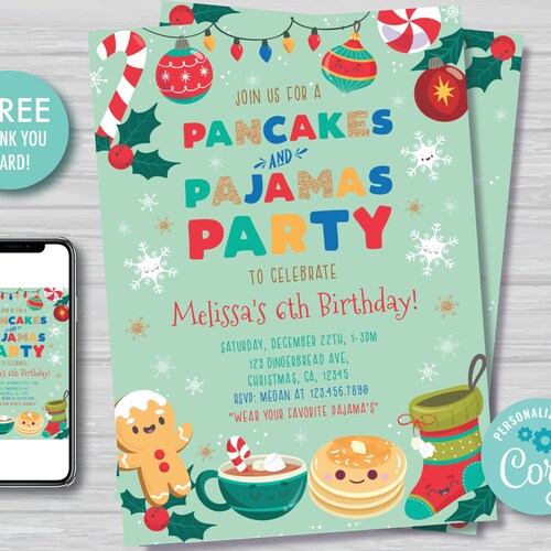 Editable Christmas Pancakes And Pajamas Party Invitation Etsy