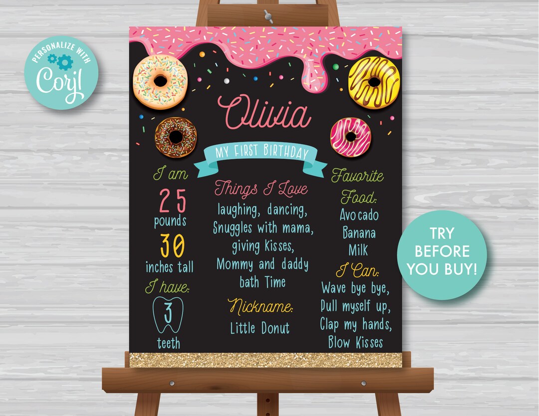 Editable Donut Milestone Birthday Poster Doughnut 1st Birthday Board ...