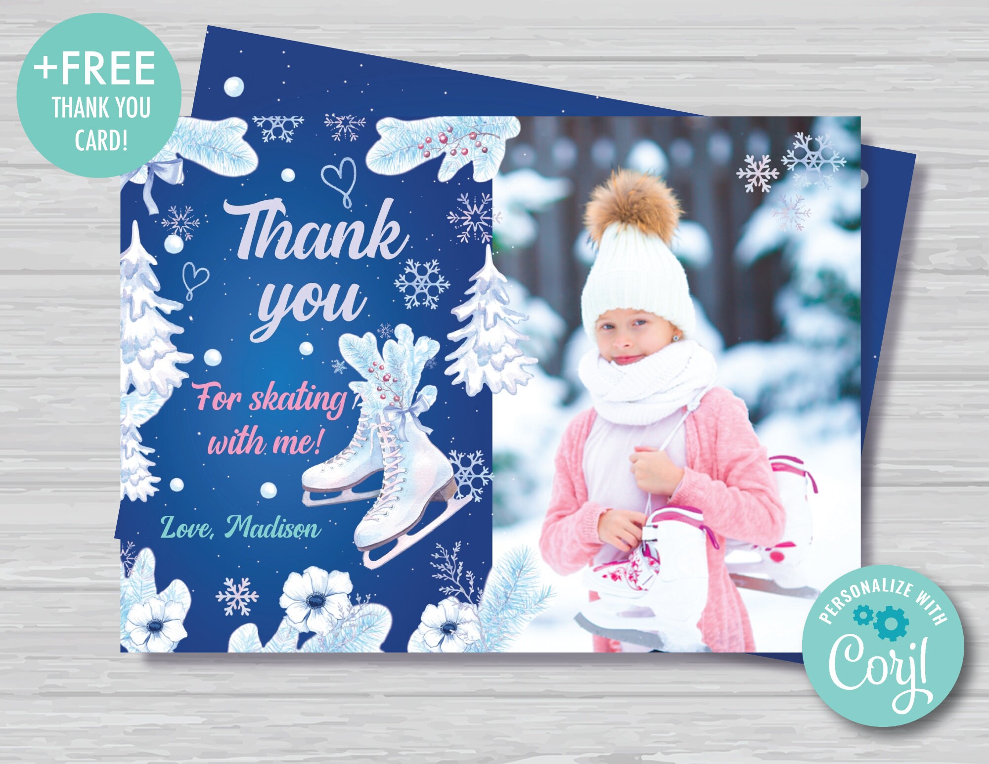 Ice Skating Thank You Card With Photo Printable Girls Ice | Etsy