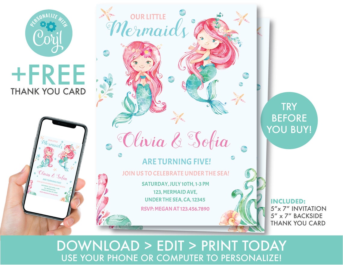 Mermaid Twins Invitation Double Mermaid Birthday Invitation - Etsy