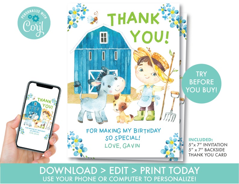Farm Thank You Card Boy Country Barnyard Thank You Card Farm - Etsy UK