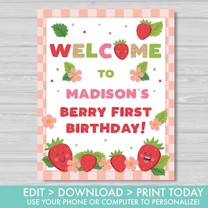 Editable Strawberry Welcome Sign Strawberry Party Decorations Girl ...
