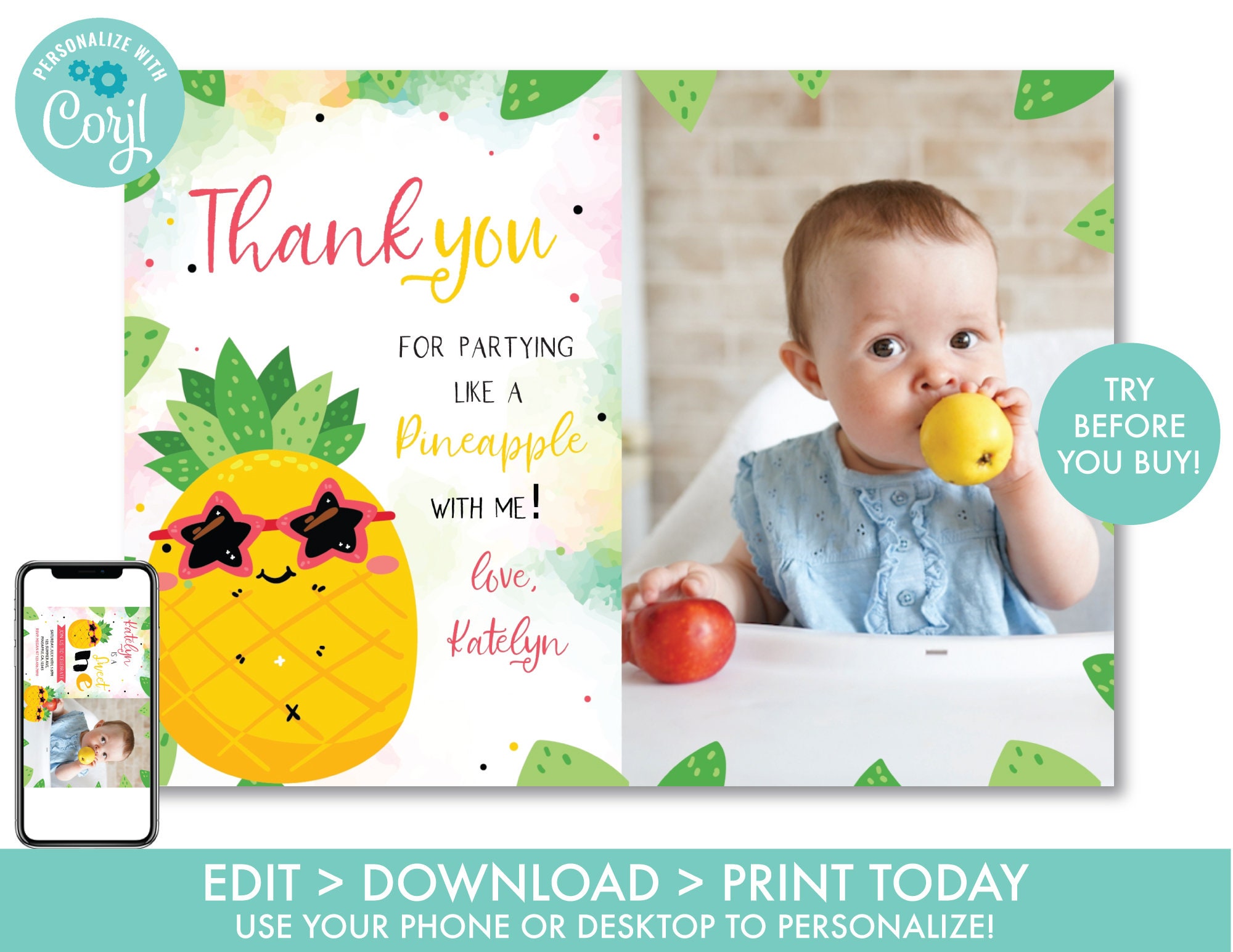 Pineapple Thank You Card with Photo Tropical Thank you Cards | Etsy