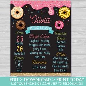 Editable Donut Milestone Birthday Poster Doughnut 1st Birthday Board ...