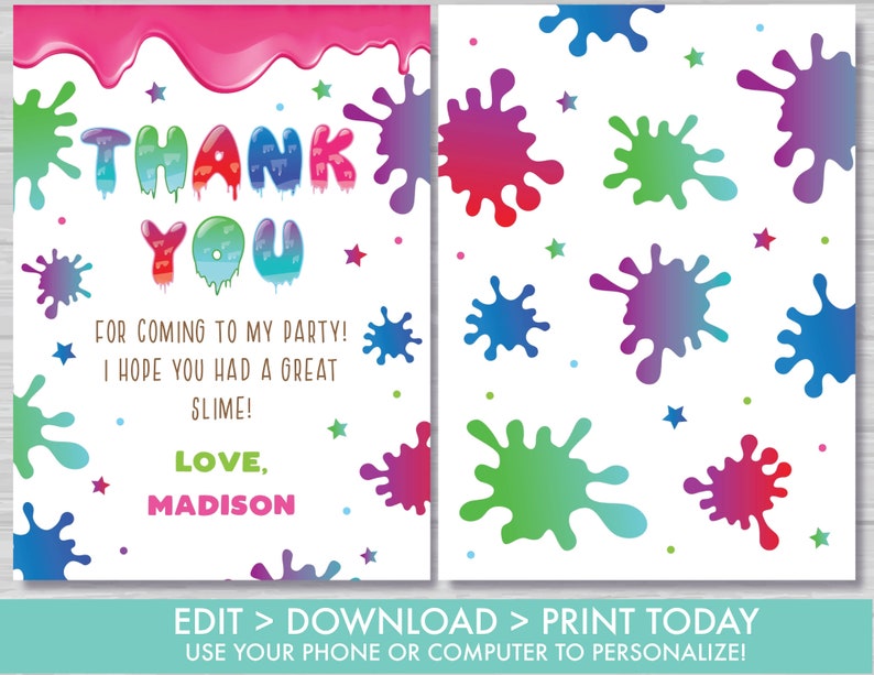 Slime Birthday Thank You Card Girl Slime Birthday Party Thank | Etsy