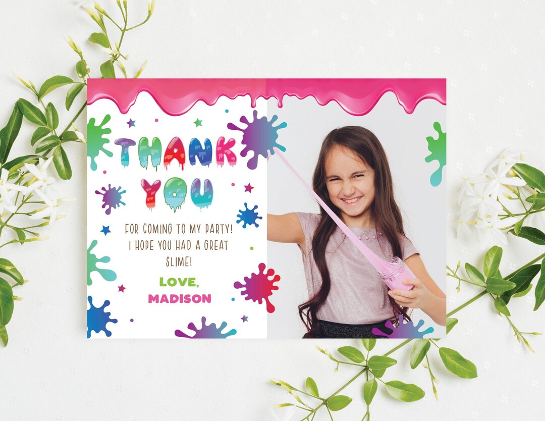 Slime Birthday Thank You Card With Photo Girl Slime Birthday Party ...