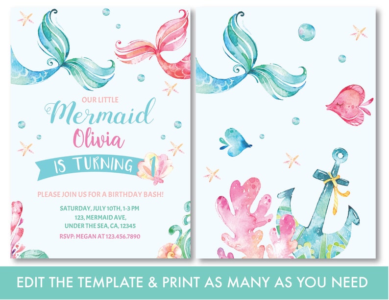Mermaid Invitation Printable Mermaid 1sth Birthday - Etsy