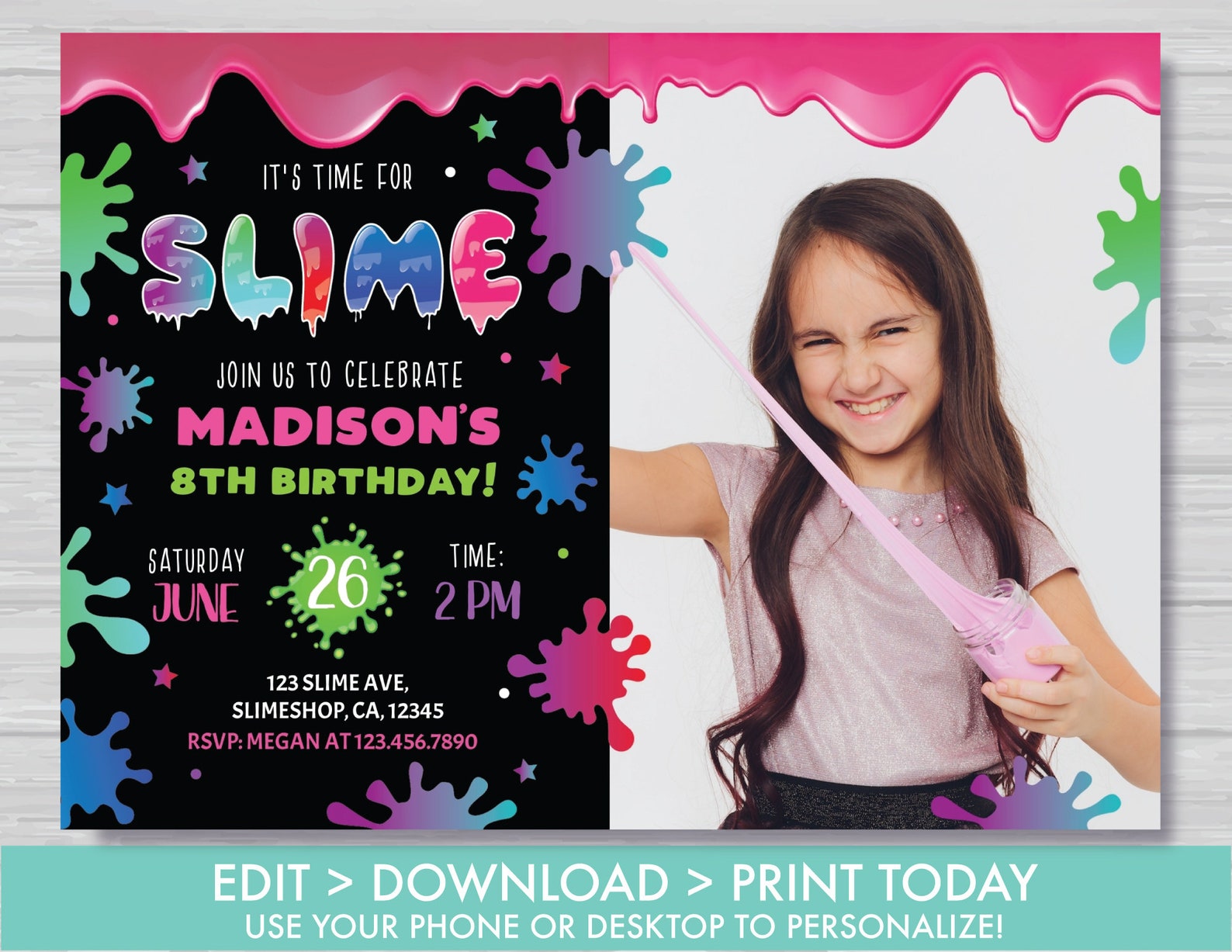 Slime Birthday Invitation With Photo Girl Slime Party - Etsy
