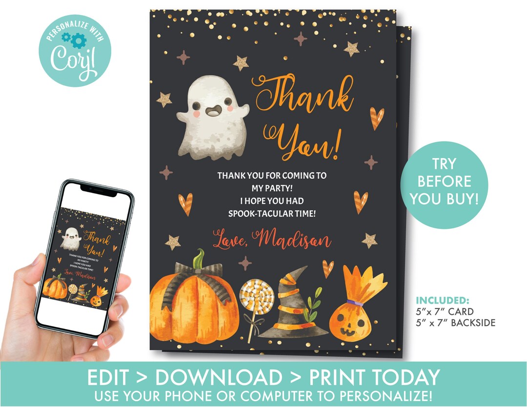 Halloween Thank You Card Printable, Pumpkin Halloween Thank You Card ...