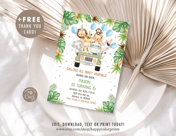 Editable Calling All Party Animals Birthday Invitation Jungle Animals ...