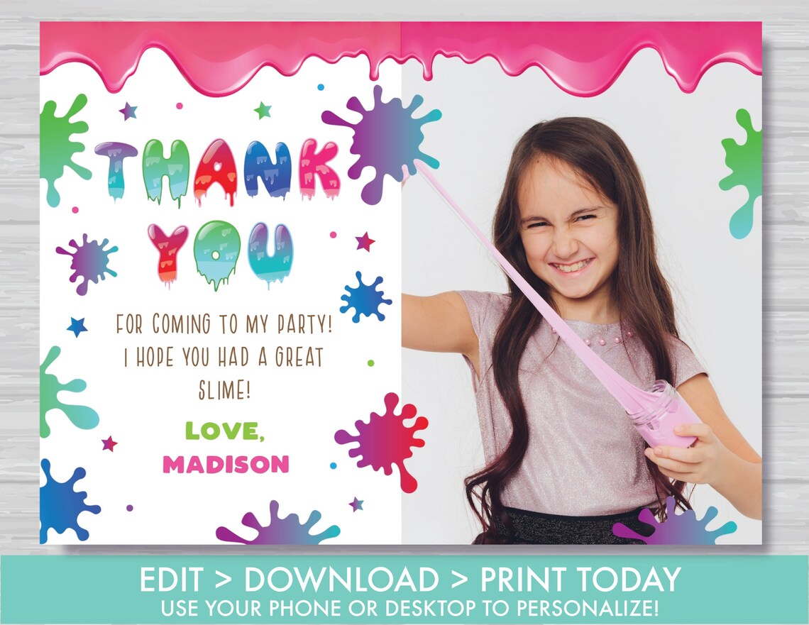 Slime Birthday Thank You Card With Photo Girl Slime Birthday - Etsy