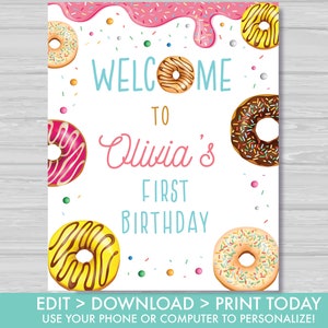 Editable Donut Welcome Sign Printable Pink Girl's Donut Birthday ...