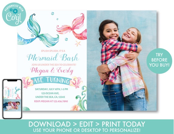 Mermaid Sibling Invitation with Photo, Mermaid Bash Invitation, Mermaid ...