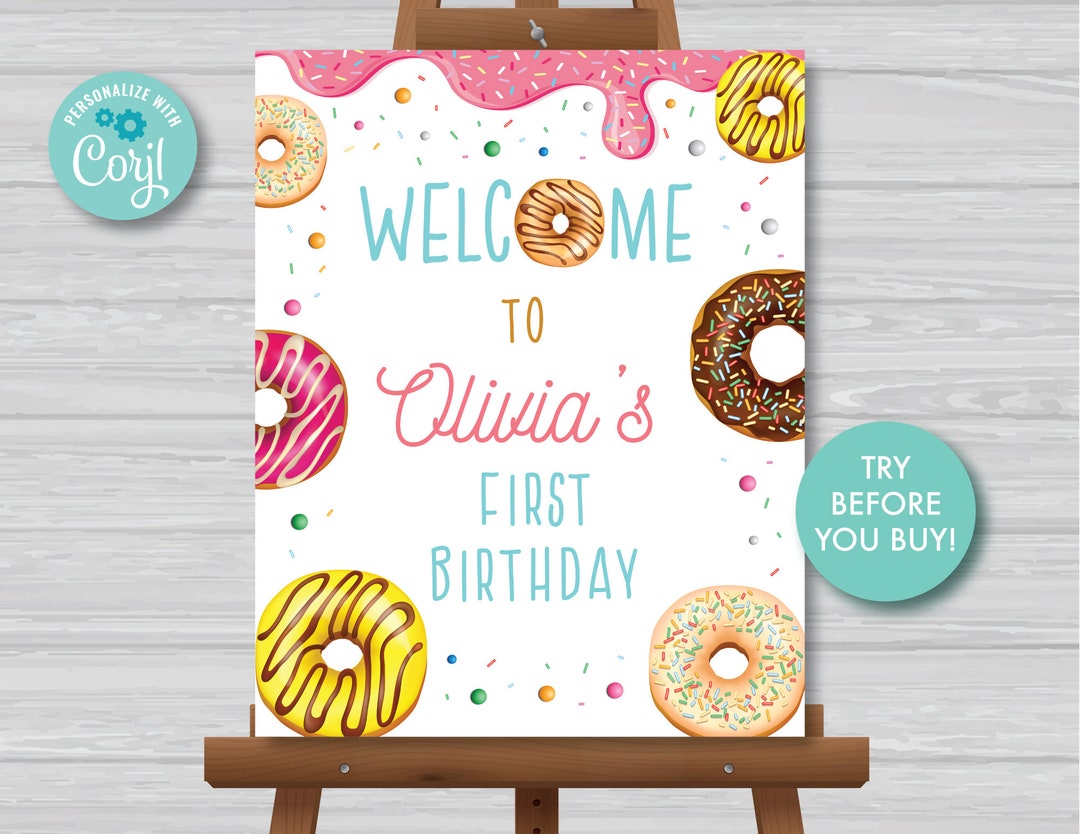 Editable Donut Welcome Sign Printable Pink Girl's Donut Birthday ...