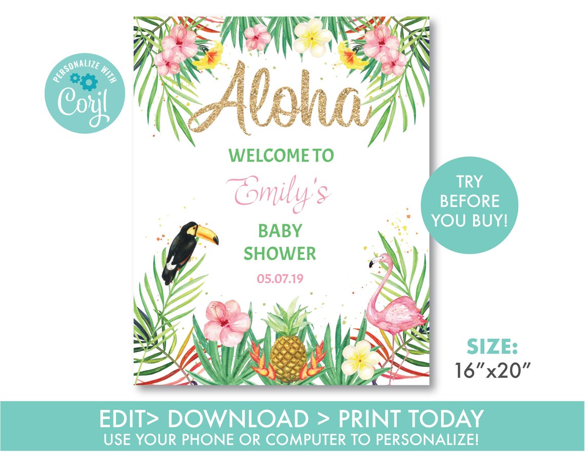 Aloha Tropical Baby Shower Welcome Sign Hawaiian Luau Welcome - Etsy