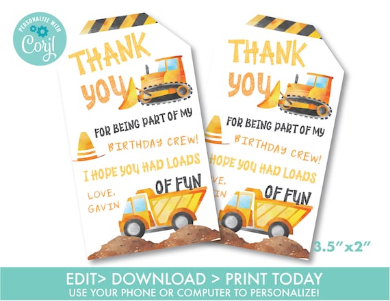 Editable Construction Thank You Tags Construction Birthday Party T