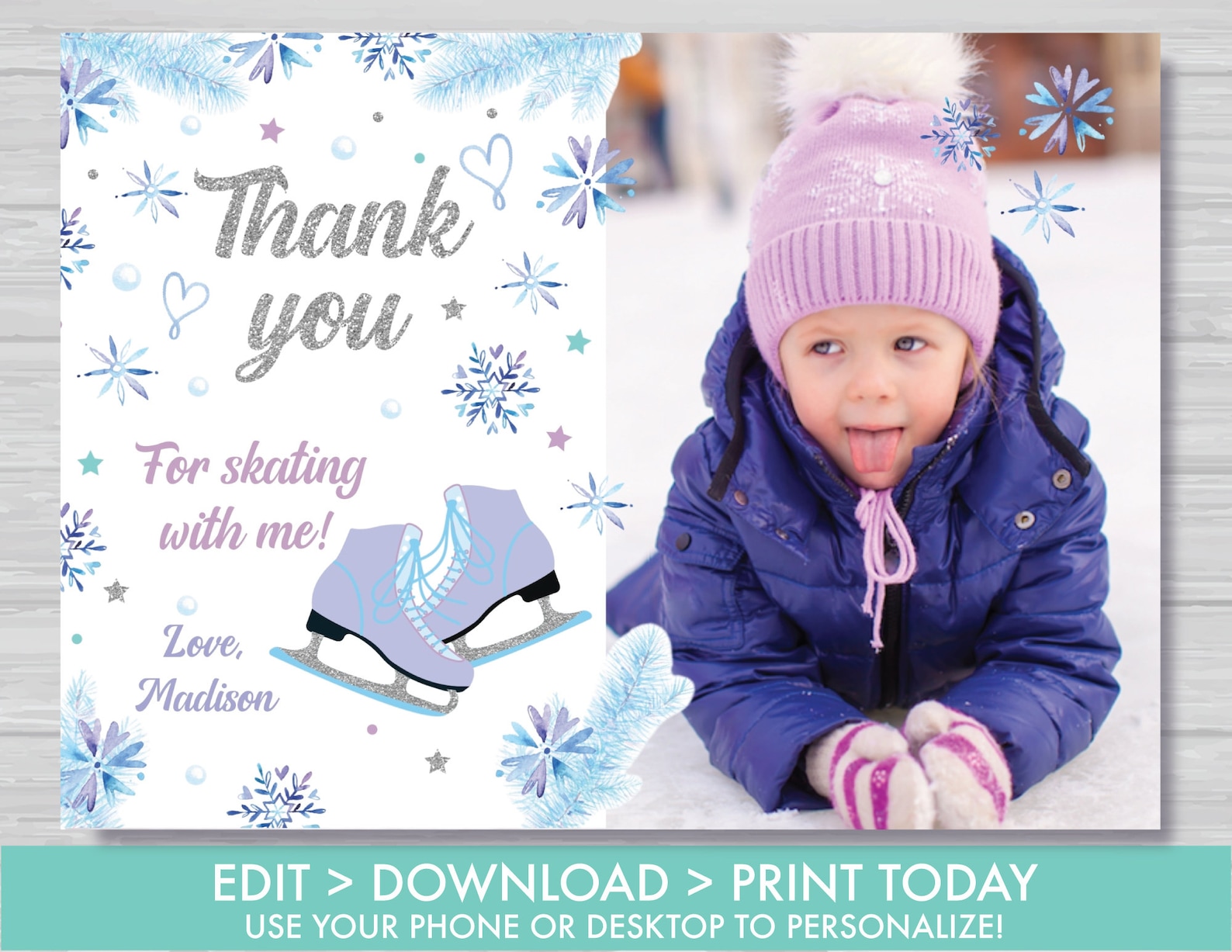 Ice Skating Thank You Card With Photo Girl Ice Skating Thank | Etsy