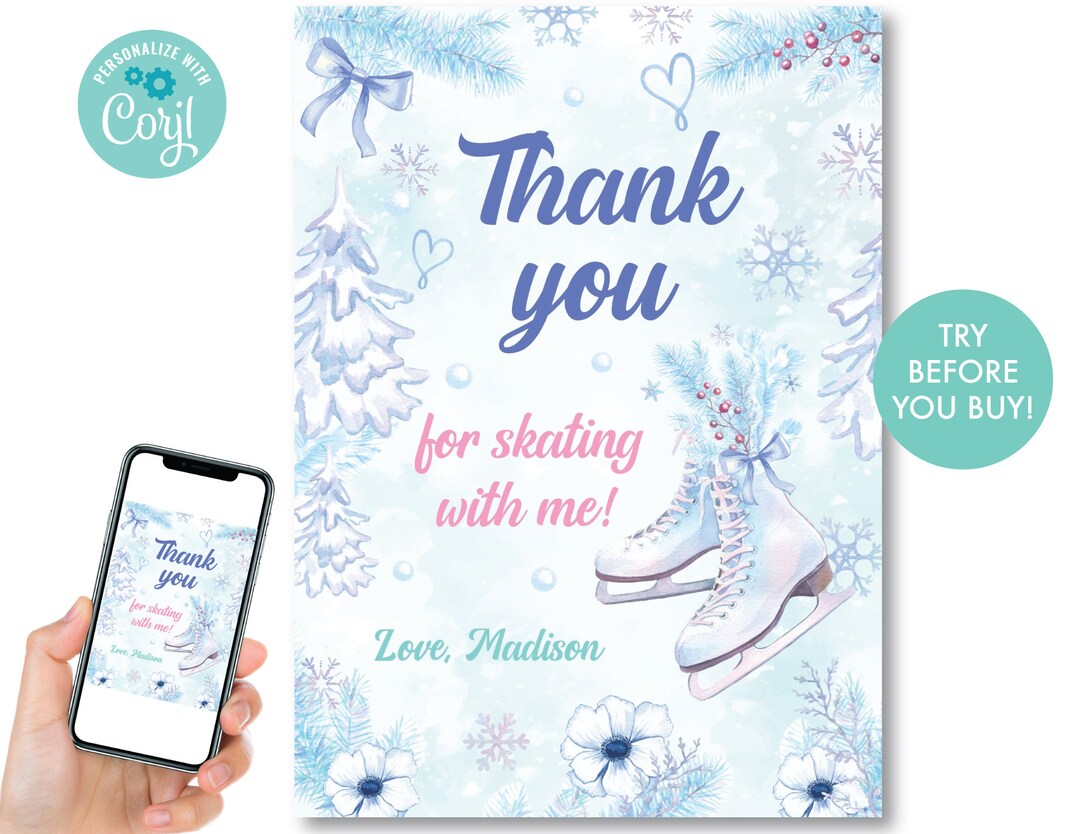 EDITABLE Ice Skating Thank You Card Girl's Ice Skating Birthday ...