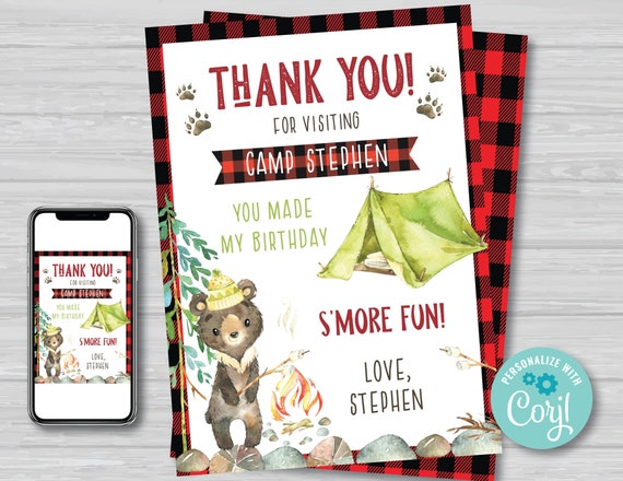 Camping Thank You Card Little Camper Party Thank You Card Boy's Camp ...
