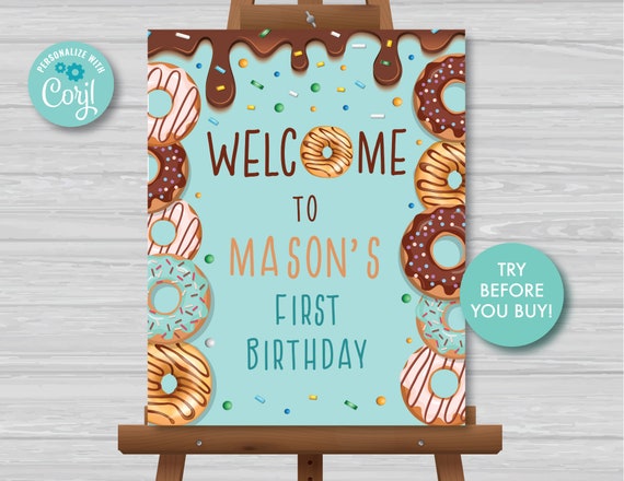 Editable Donut Welcome Sign Printable Blue Boy's Donut Birthday Welcome ...