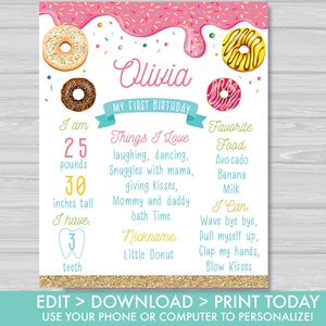 Editable Donut Milestone Birthday Poster Doughnut 1st Birthday Board ...