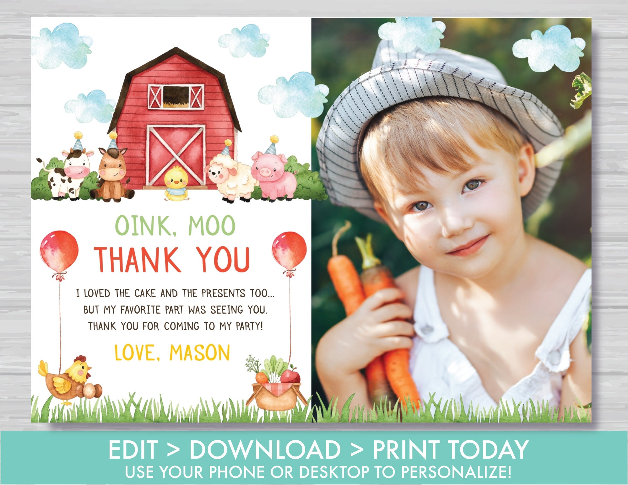 Farm Thank You Card Boy Farm Animals Birthday Thank You Note | Etsy