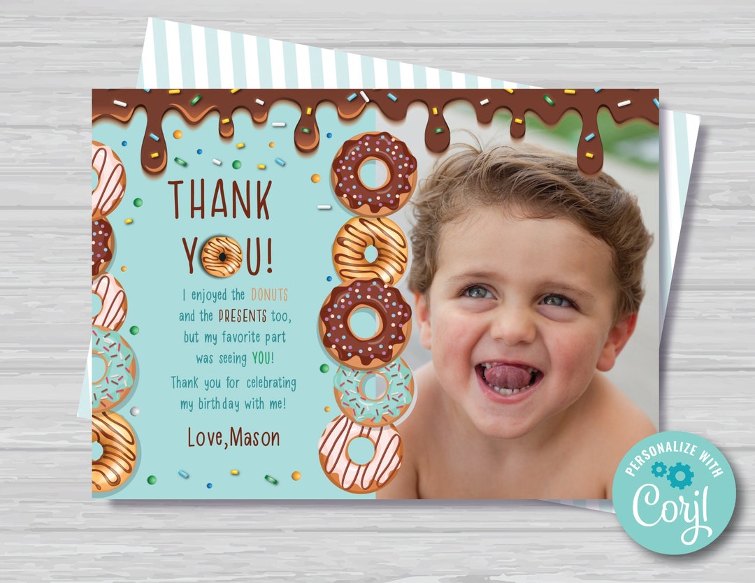 Donut Thank You Card With Photo Boy's Donut Birthday Thank You Tags ...