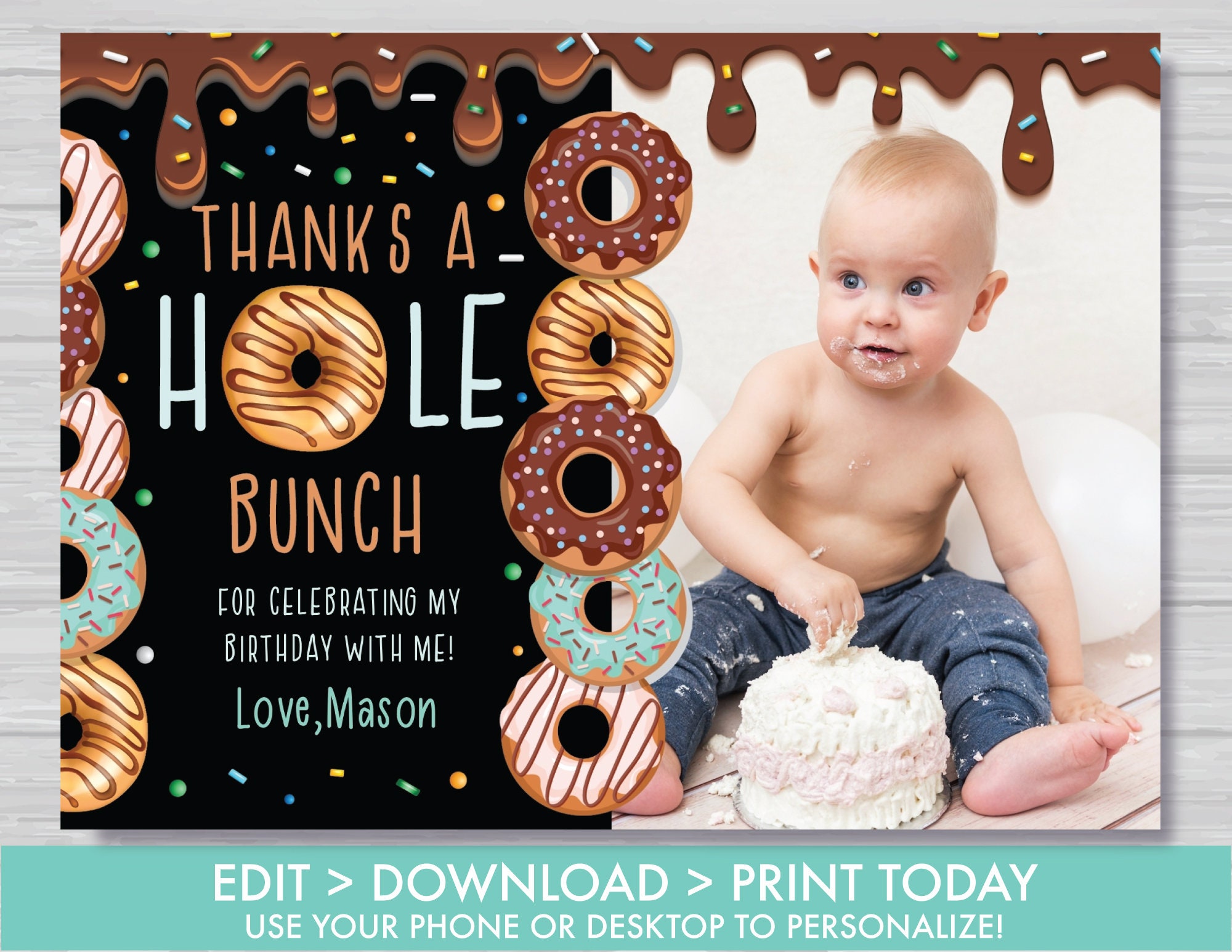 Donut Thank You Card With Photo Boy's Donut Birthday Party | Etsy