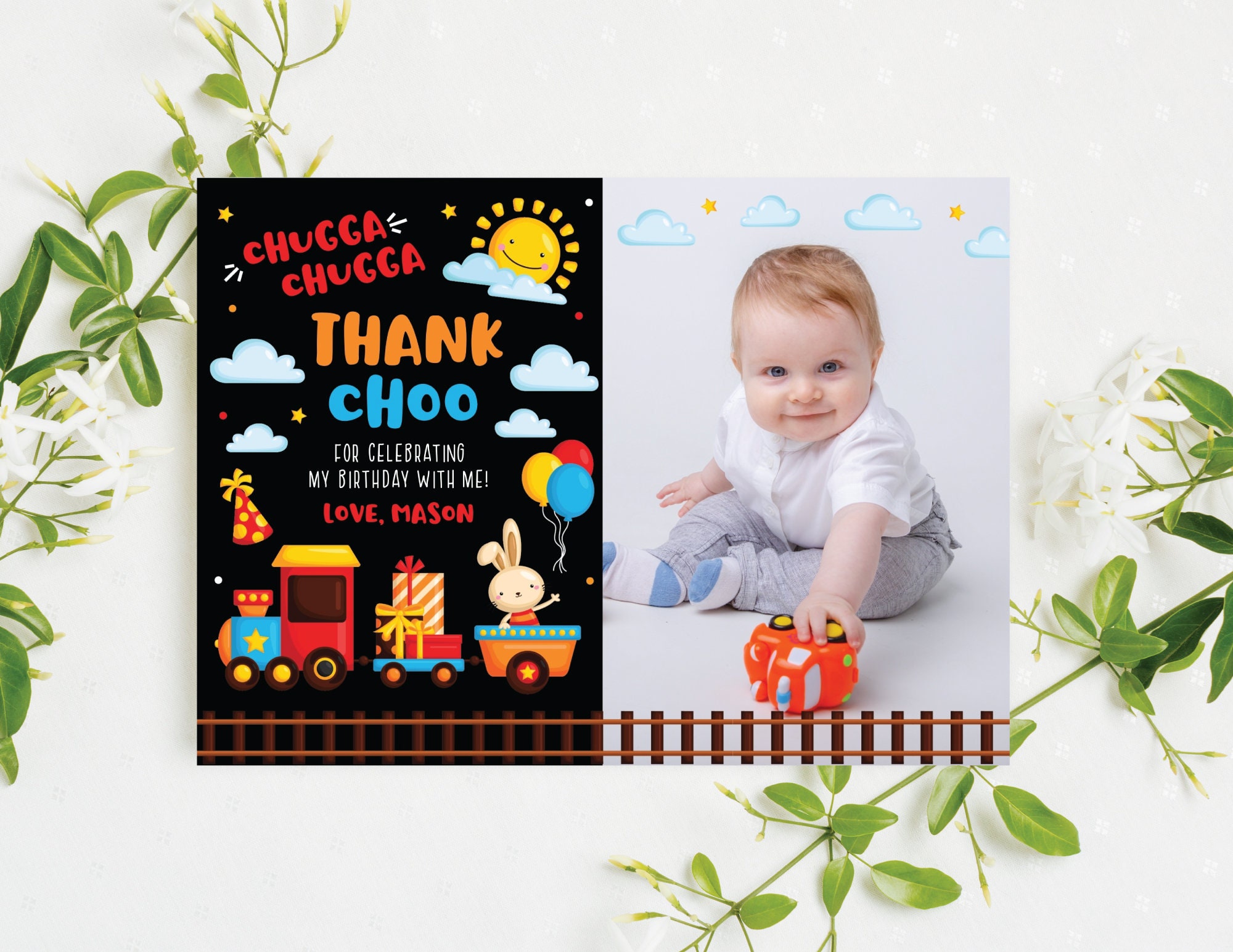 Train Birthday Thank You Card with Photo Boy's Train Party | Etsy