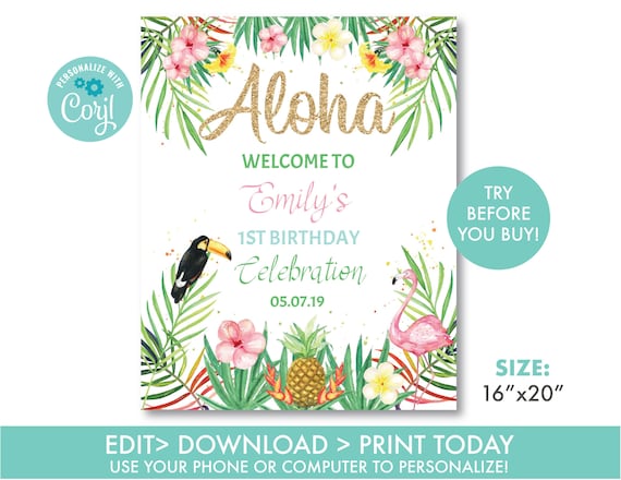Aloha Tropical Birthday Welcome Sign Hawaiian Luau Welcome Sign ...