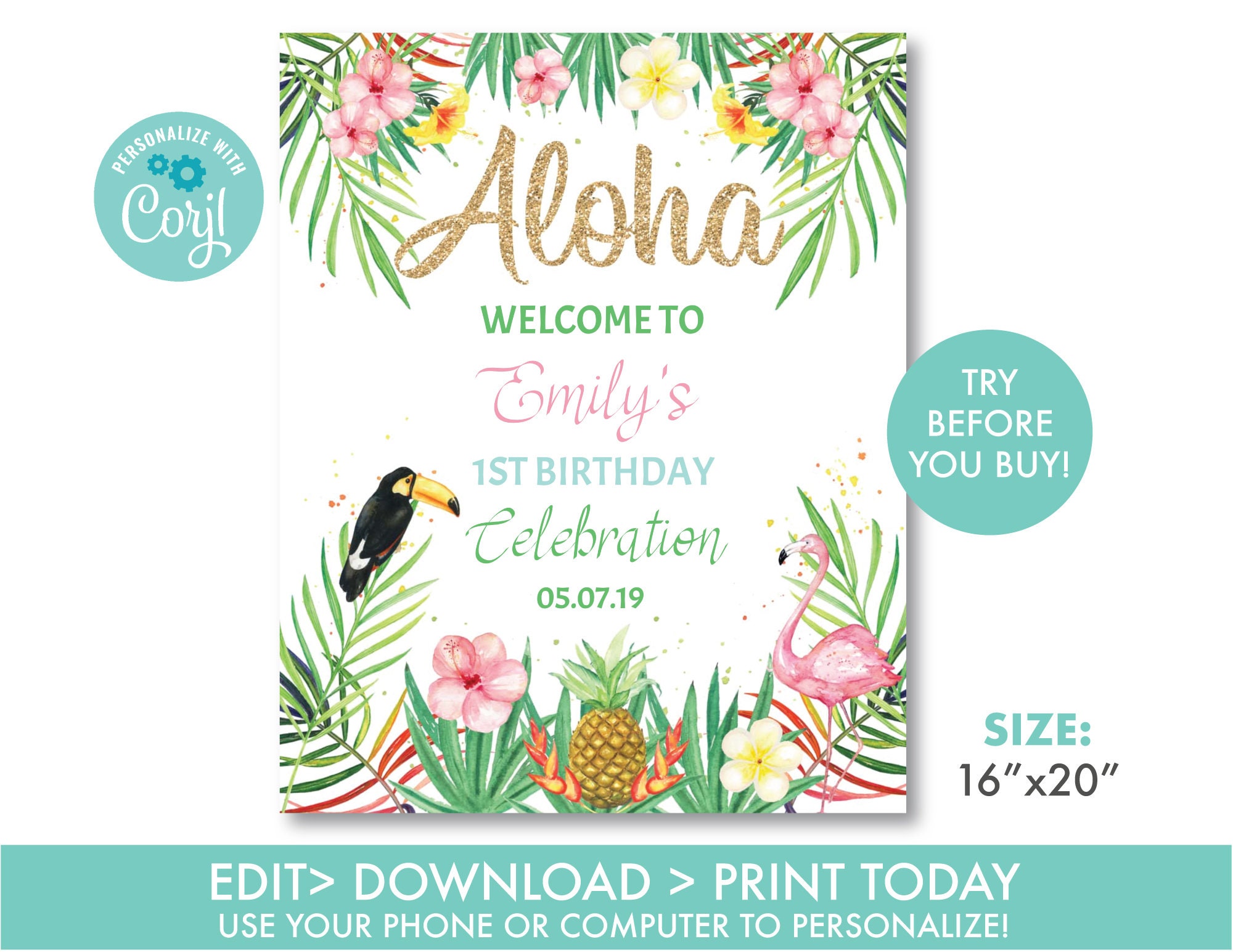 Aloha Tropical Birthday Welcome Sign Hawaiian Luau Welcome | Etsy