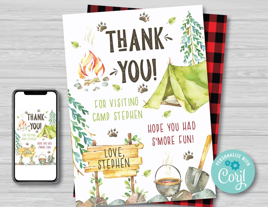 Camping Thank You Card Campfire Thank You Card Boy's Camp Party Thank ...