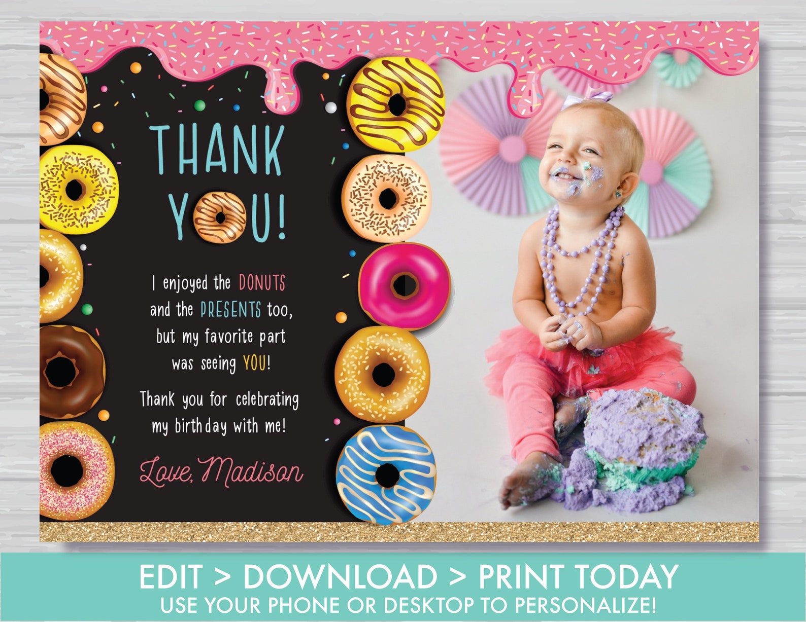Donut Thank You Card With Photo Donut Party Doughnut Thank You - Etsy