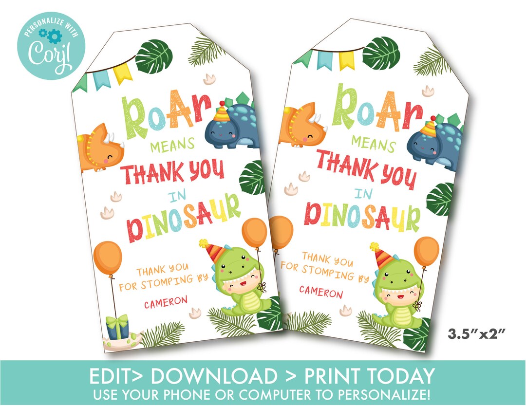 EDITABLE Dinosaur Thank You Tags, Dinosaur Birthday Party Gift Tags ...