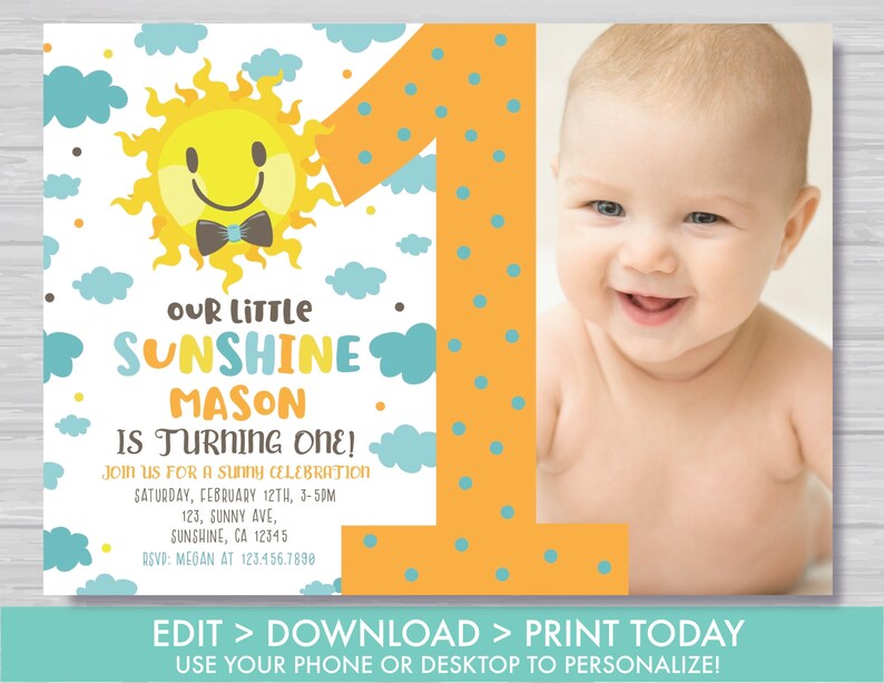 Our Little Sunshine Birthday Invitation With Photo Boy's - Etsy
