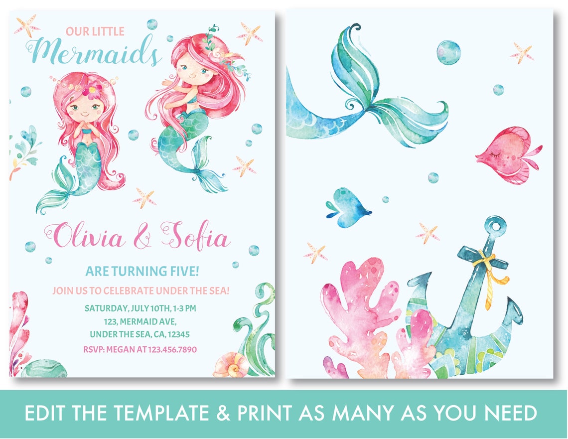 Mermaid Twins Invitation Double Mermaid Birthday Invitation - Etsy