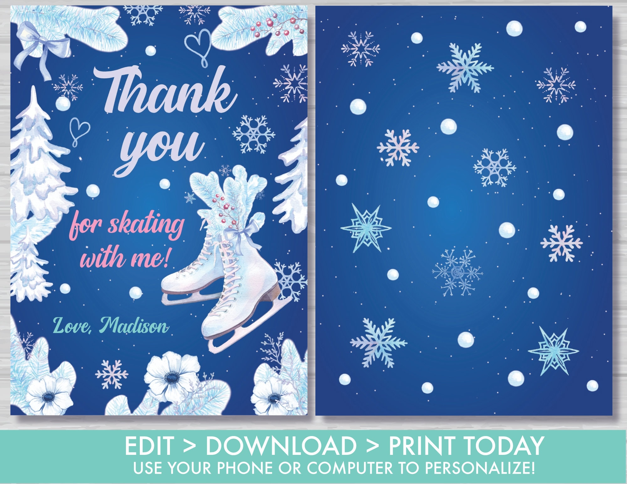 Ice Skating Thank You Card Girl's Ice Skating Birthday | Etsy