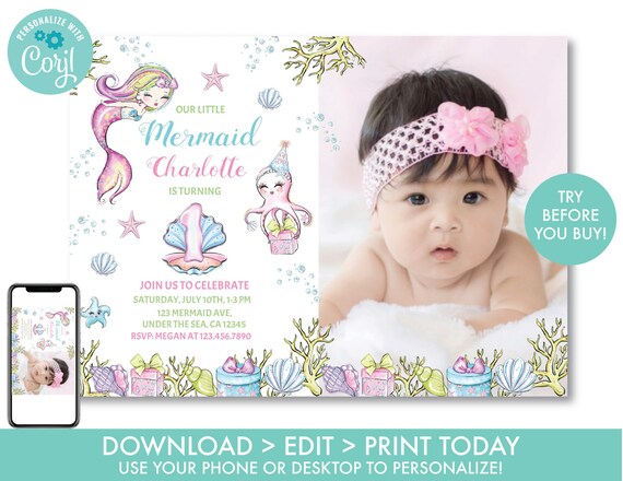 Mermaid First Birthday Invitation with photo, Oneder the Sea Birthday ...
