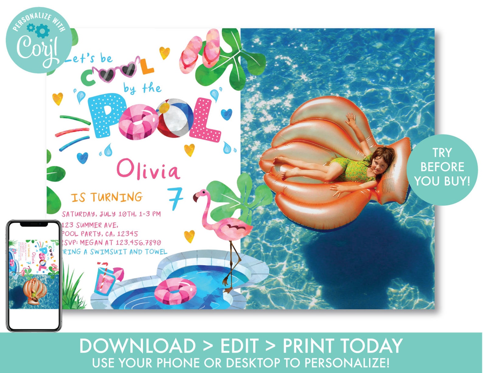 Girl's Pool Party Birthday Invitation with photo | Etsy