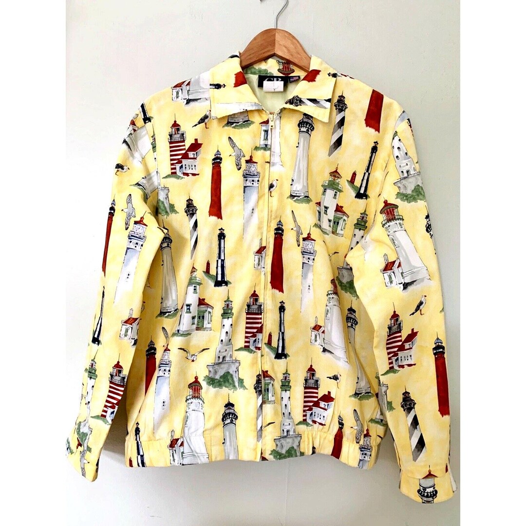 Vintage 80s Printed Jacket Lighthouse Yellow Lightweight Size Medium ...