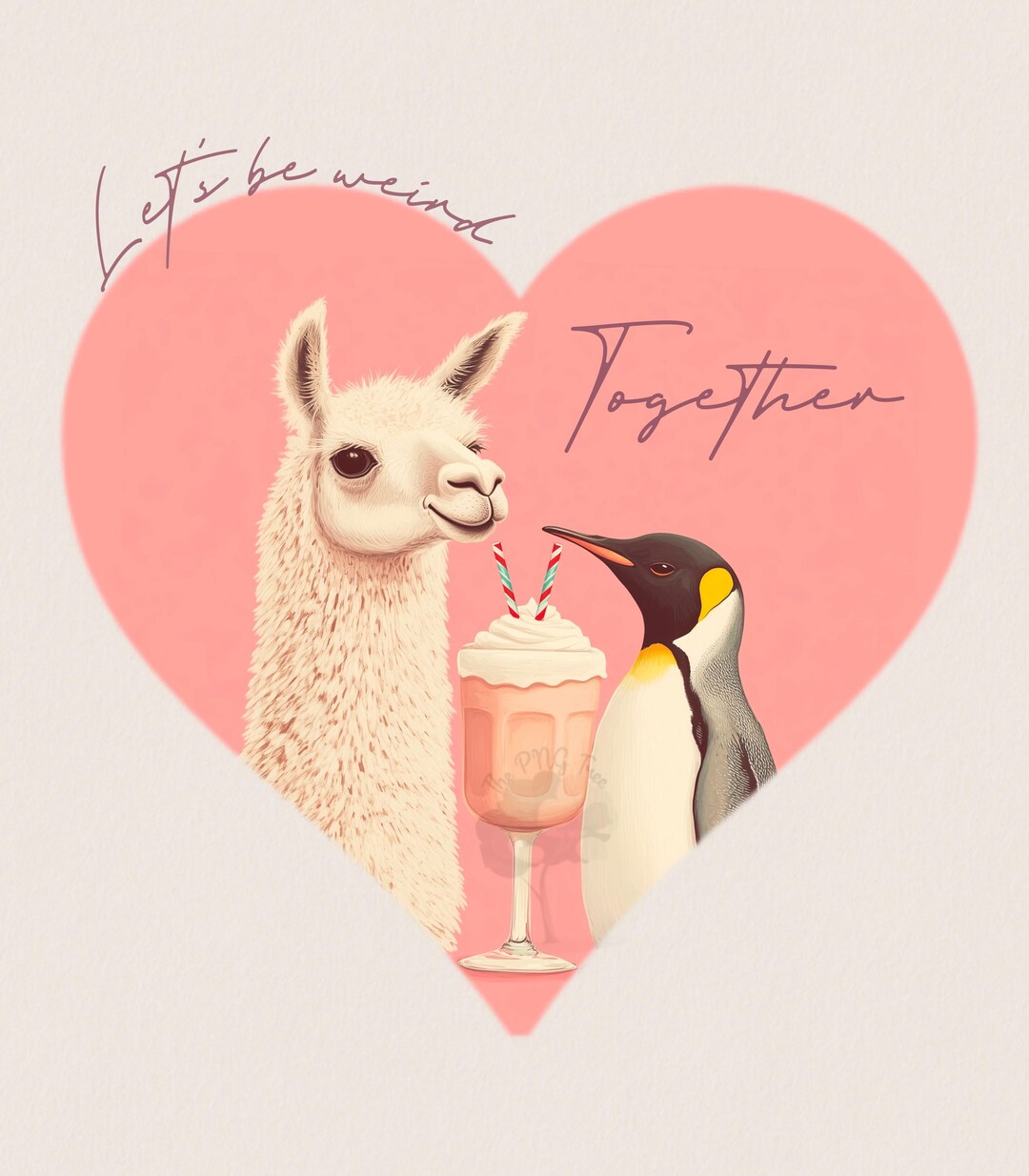 Valentine’s Day PNG - Cute Llama and Penguin Sharing Milkshake - “let’s ...
