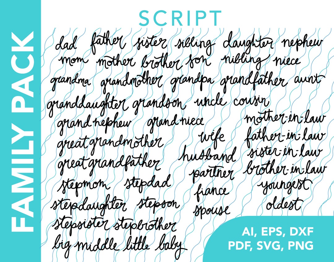 Family Pack in Cute Cursive Script DIGITAL DOWNLOAD (ai, Eps, Dxf, Pdf ...