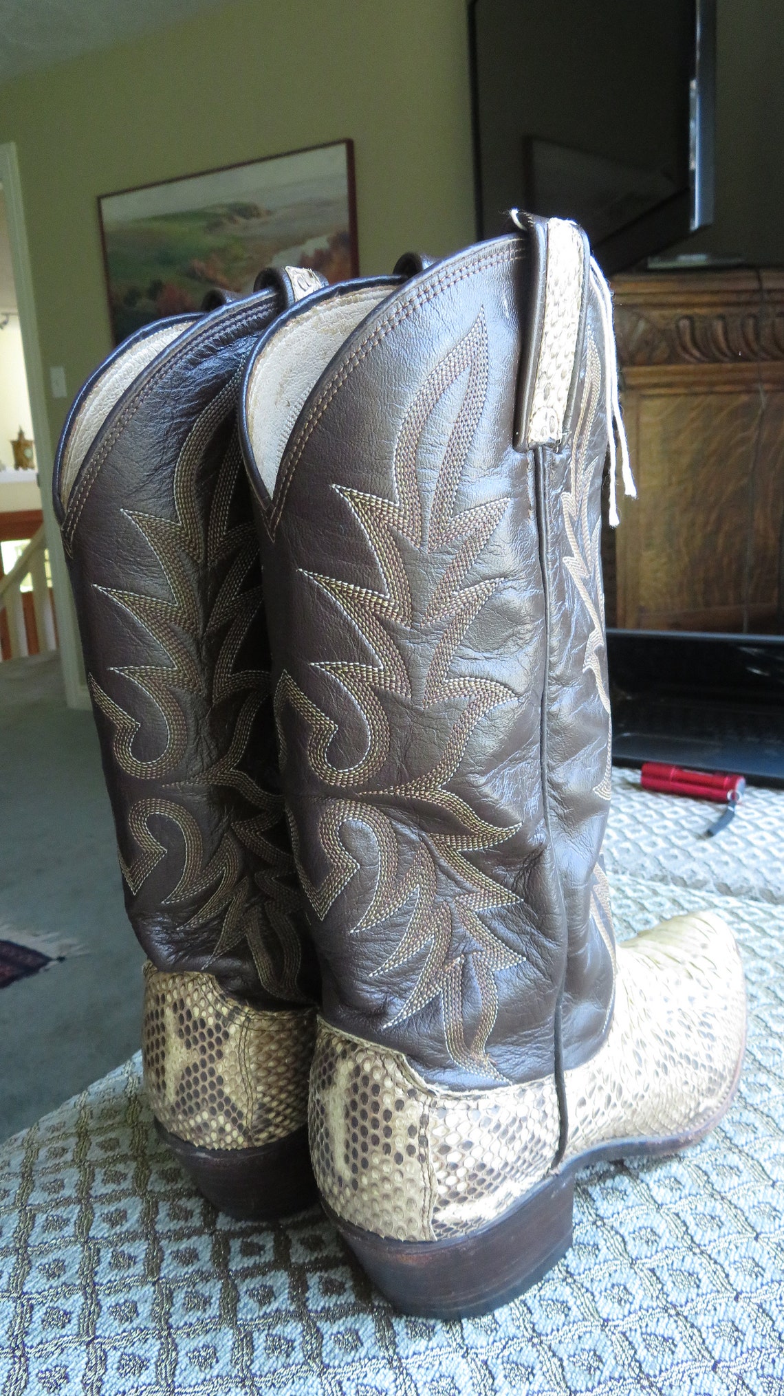 Pair of Dan Post Snakeskin and Brown Leather Women's Boots Size 12 - Etsy