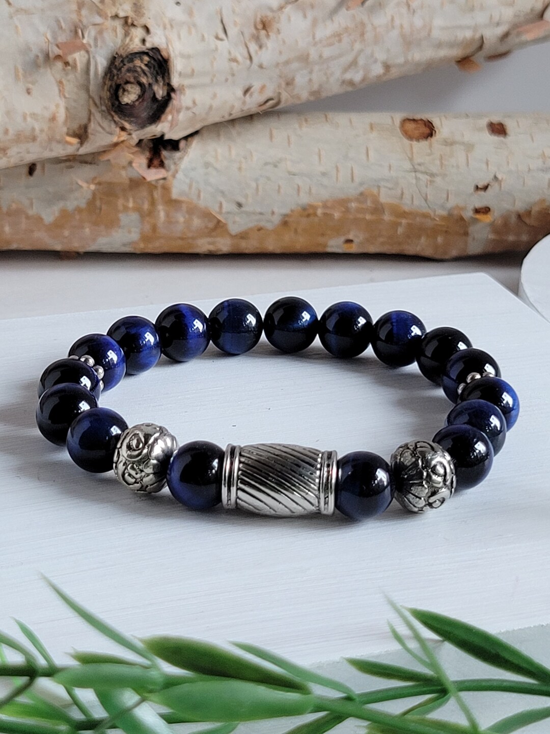 Dark Blue Tiger's Eye Beaded Bracelet With Silver Accents/dark Blue ...