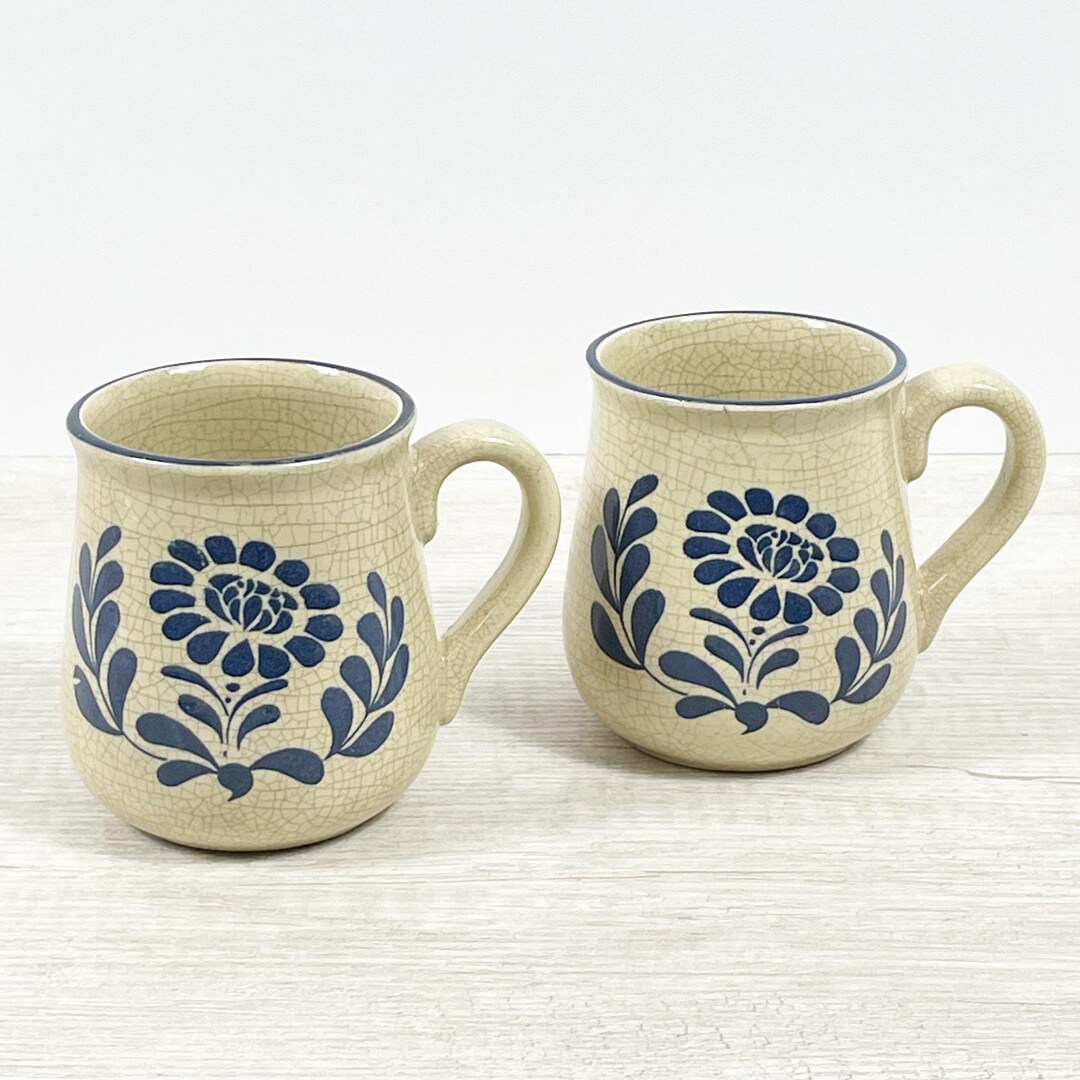 Vintage Blue Floral Beige Stoneware Coffee Cup Mug Set of 2 No Marking ...