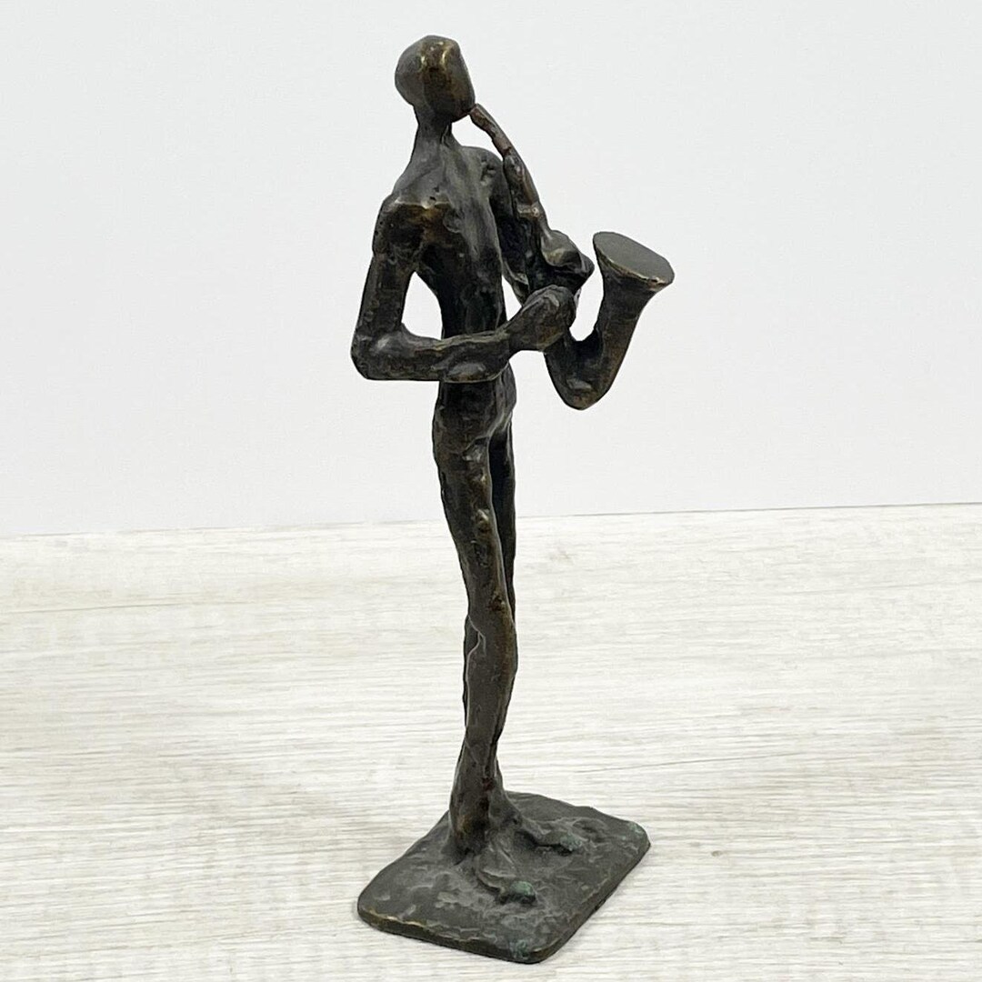Vintage MCM Brutalist Cast Bronze Saxophone Player 8" Statue Felt ...