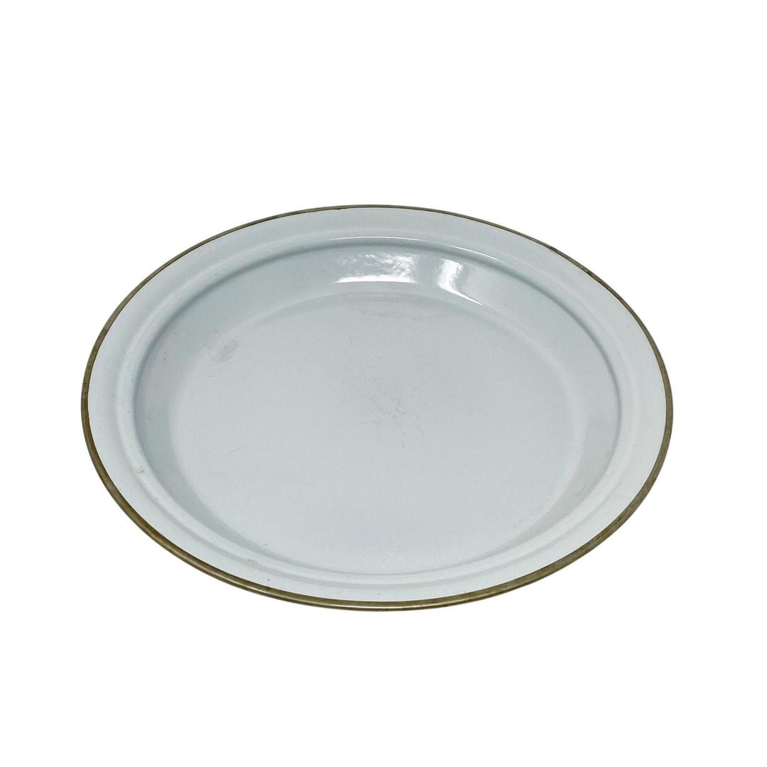 Vintage Enamel Ware Yellow Pale Blue Pie Pan Dish Aluminum Trim 10.5 ...