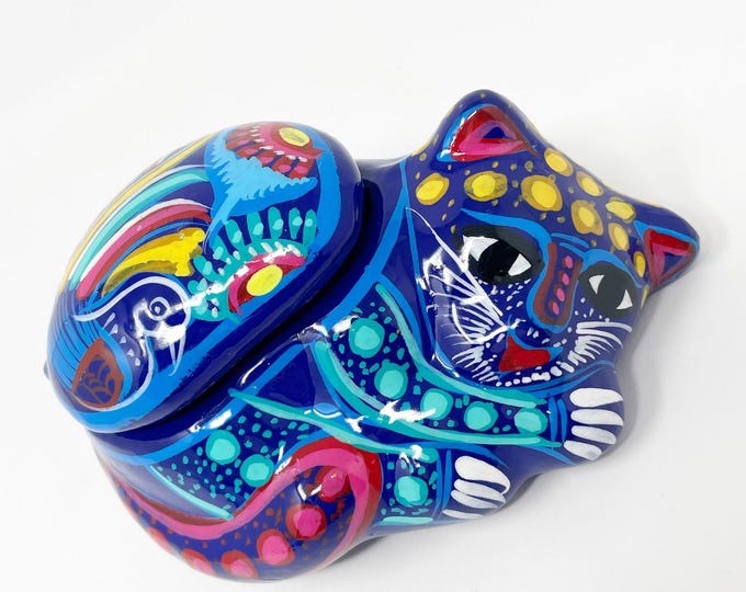 Talavera Mexican Pottery Cat Kitten Resting Figurine W Lid Blue ...